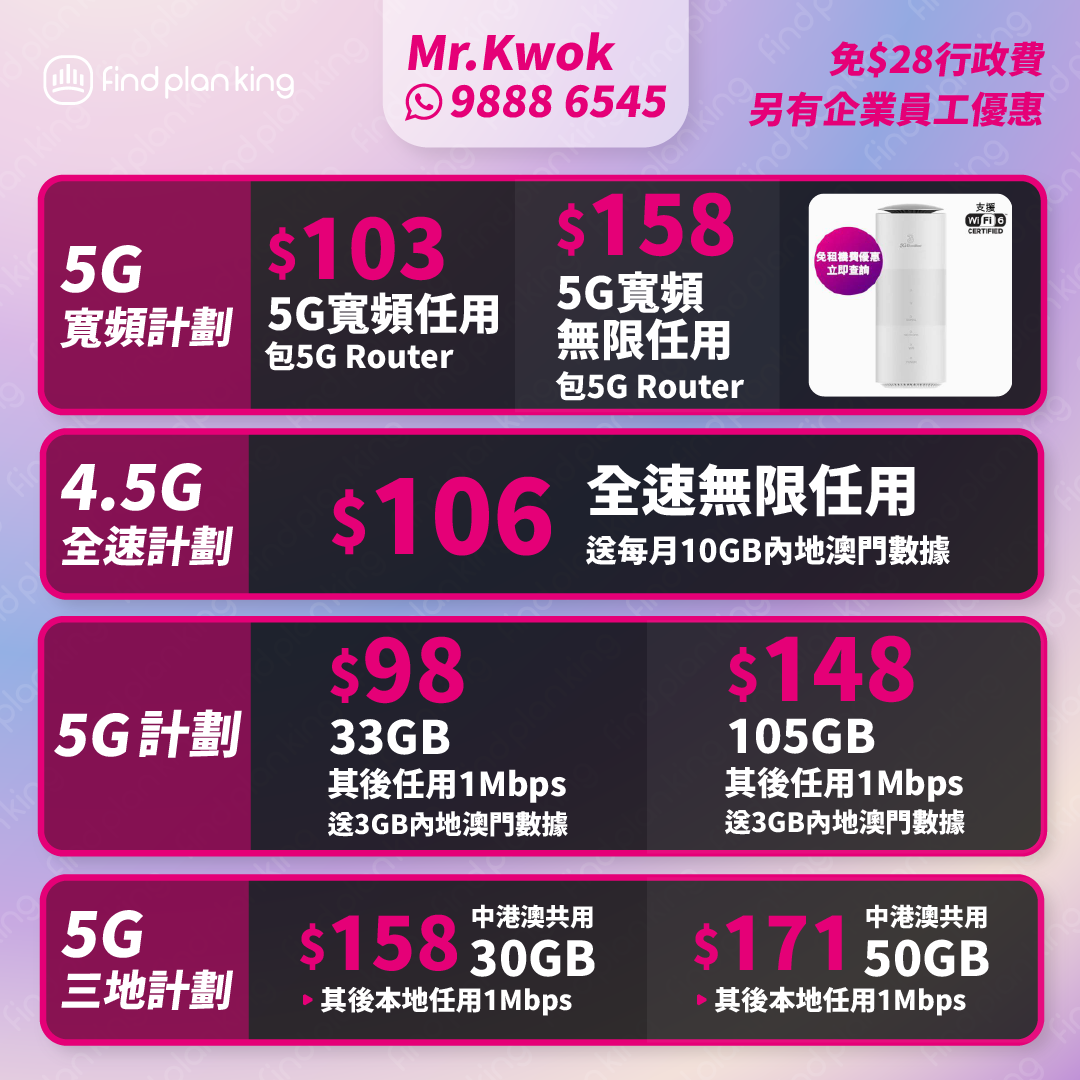 3HK🎃萬聖節優惠🛜5G寬頻$103任用🔥$106全速任用🚀5G $98 33GB+3GB中澳數據 | 家居寬頻 | 求Plan王 | 全港首個電訊優惠比較平台