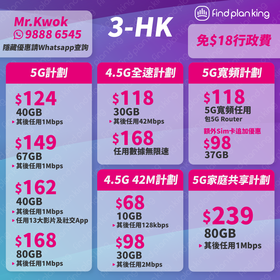 3HK直銷優惠5G/4.5G計劃5G寬頻計劃 | 流動數據 | 求Plan王 | 全港首個電訊優惠比較平台