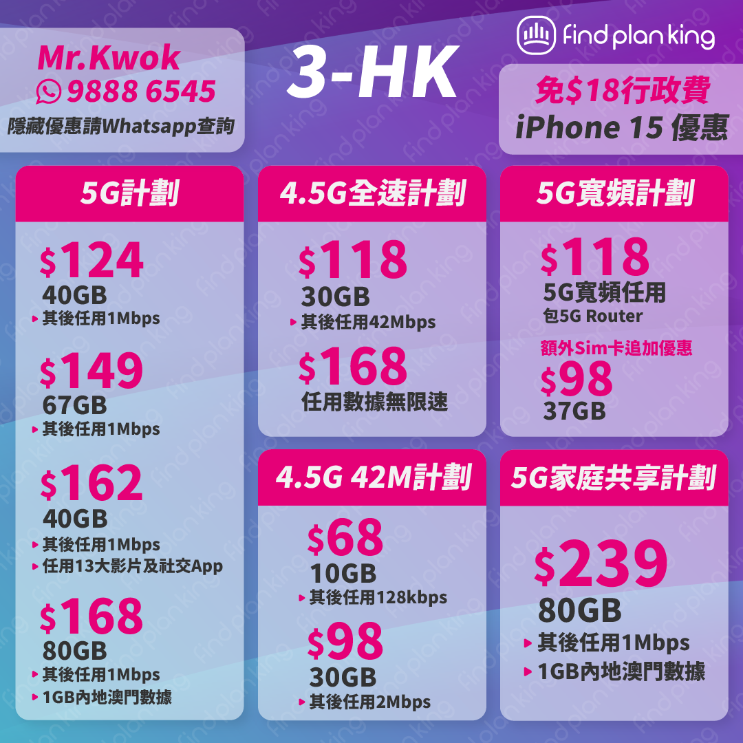 3HK直銷優惠5G/4.5G計劃5G寬頻計劃iPhone 15優惠 | 流動數據 | 求Plan王 | 全港首個電訊優惠比較平台
