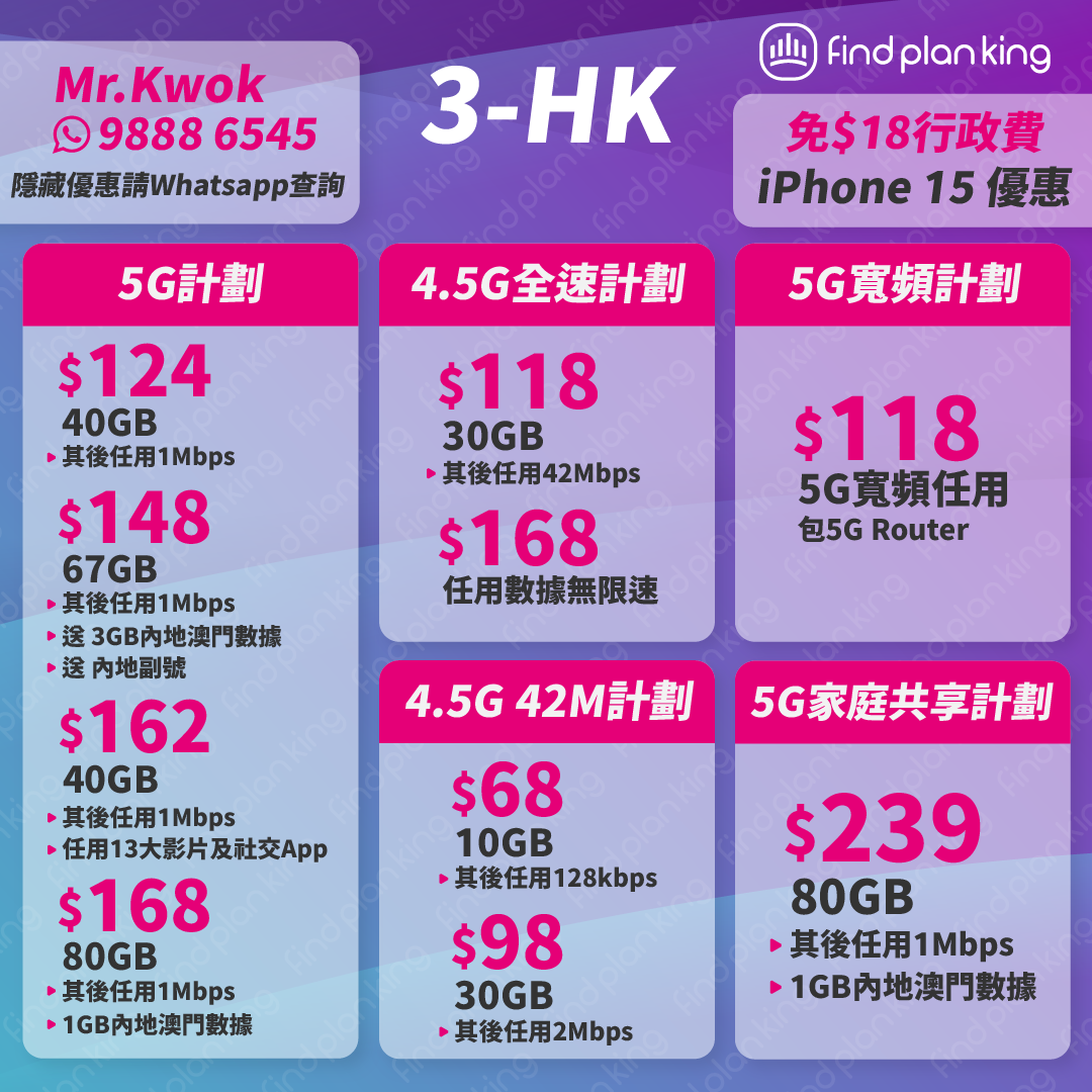 3HK直銷優惠5G/4.5G計劃5G寬頻計劃iPhone 15優惠 | 流動數據 | 求Plan王 | 全港首個電訊優惠比較平台